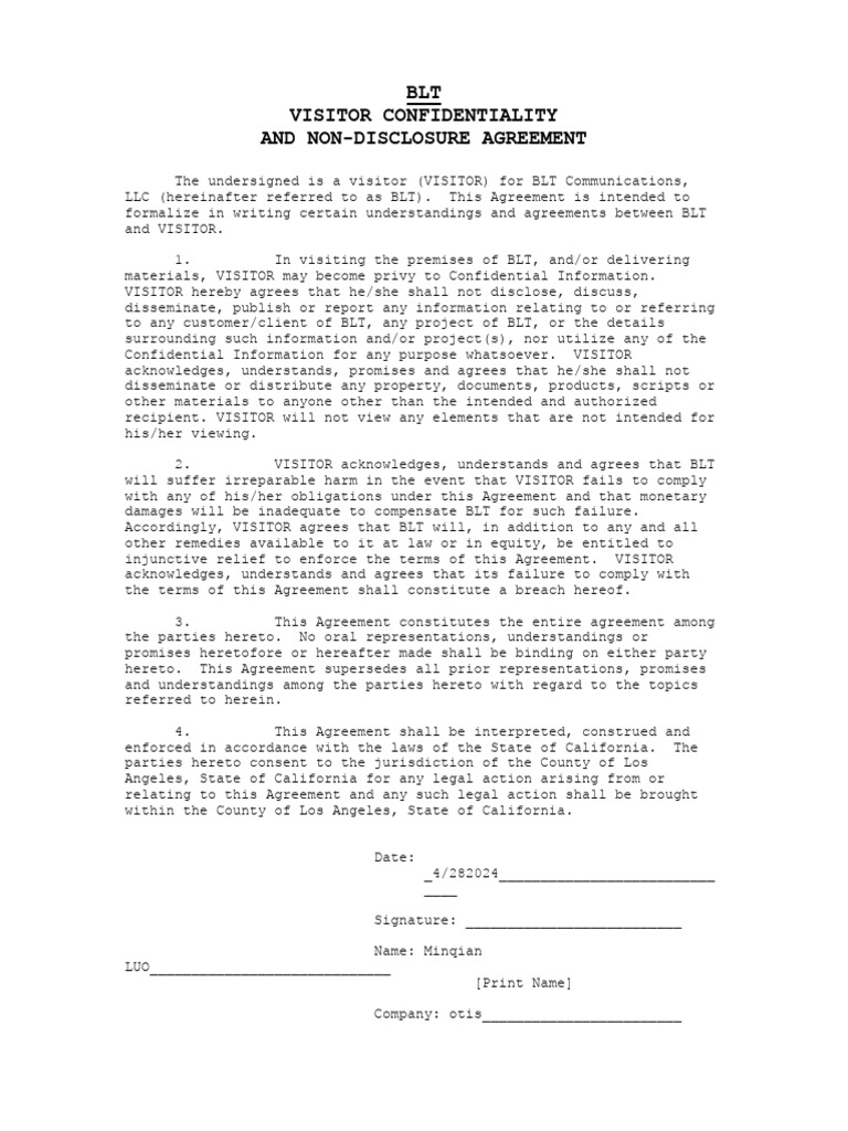 BLT Visitor Confidentiality Agreement | PDF | Confidentiality | Civil ...
