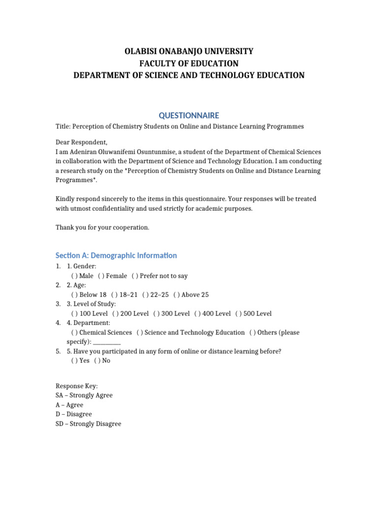 Online Learning Questionnaire Table Format | PDF | Educational ...