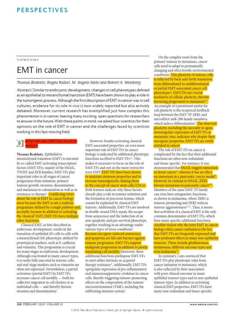 EMT in Cancer - Nature | PDF | Metastasis | Neoplasms