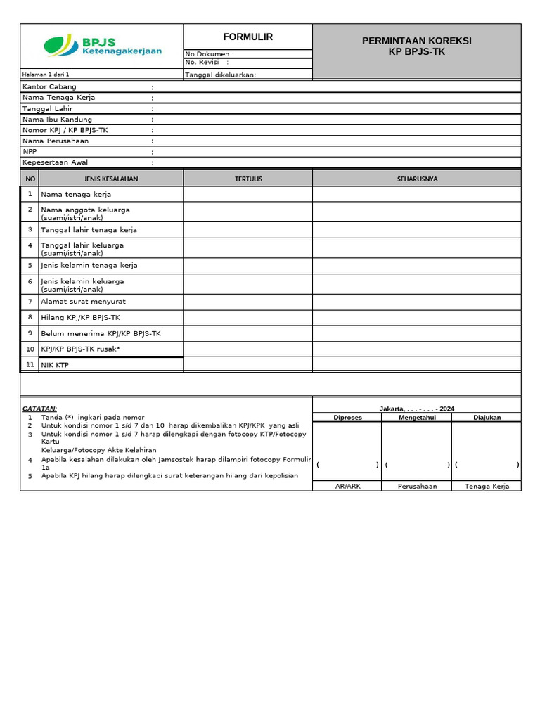 Template Form KOREKSI DATA BPJSTK | PDF