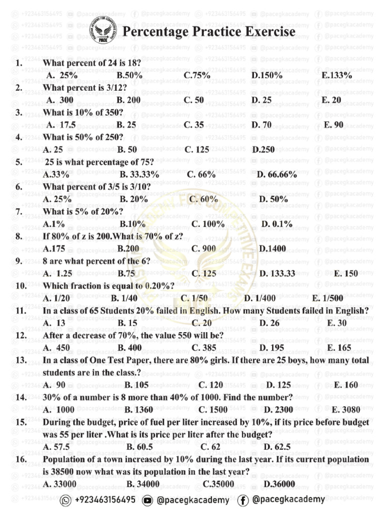 Percentage Exercise | PDF