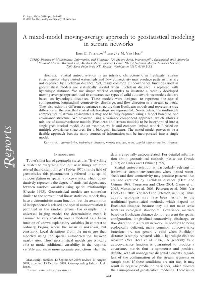 Ecology - 2010 - Peterson - A Mixed Model Moving Average Approach To Geostatistical Modeling in ...