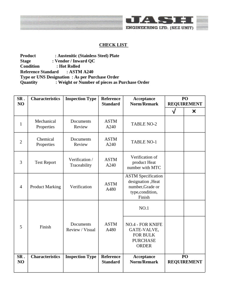 CHECK LIST PLATE ASTM A240 | PDF | Stainless Steel | Industrial Processes