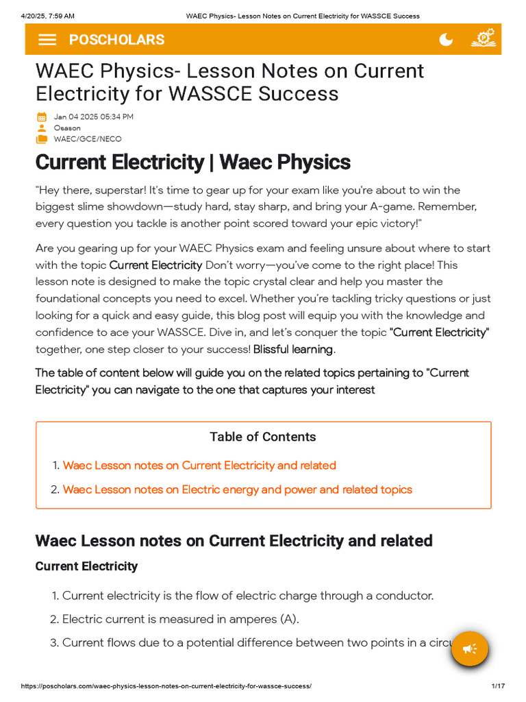 WAEC Physics - Lesson Notes On Current Electricity For WASSCE Success ...