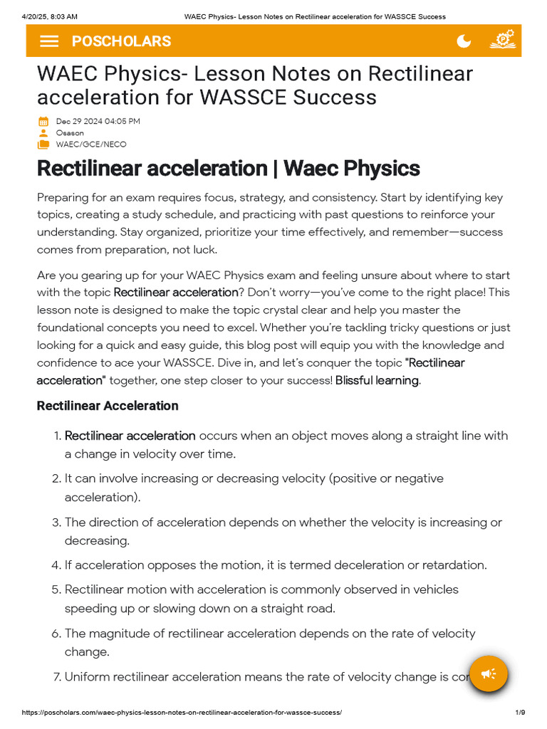 WAEC Physics - Lesson Notes On Rectilinear Acceleration For WASSCE ...