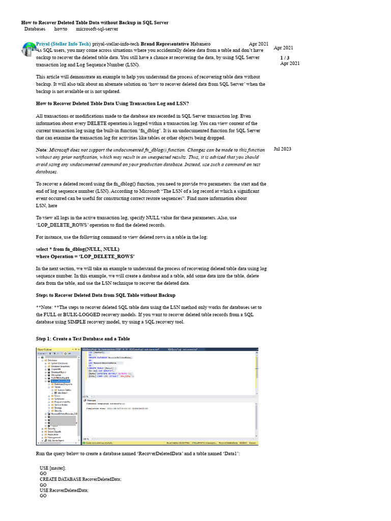How To Recover Deleted Table Data Without Backup In Sql Server Databases Spiceworks