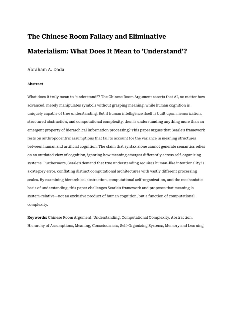 The Chinese Room Fallacy and Eliminative Materialism: What Does It Mean ...