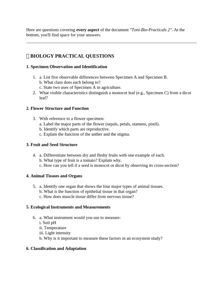 Biology Practical Questions Overview | PDF | Tissue (Biology) | Flowers