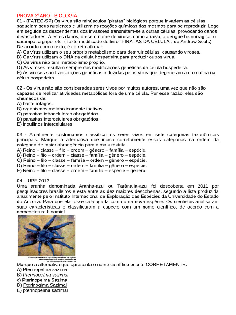 Simulado 3 Ano 2025 Biologia | PDF | Vírus | HIV/AIDS