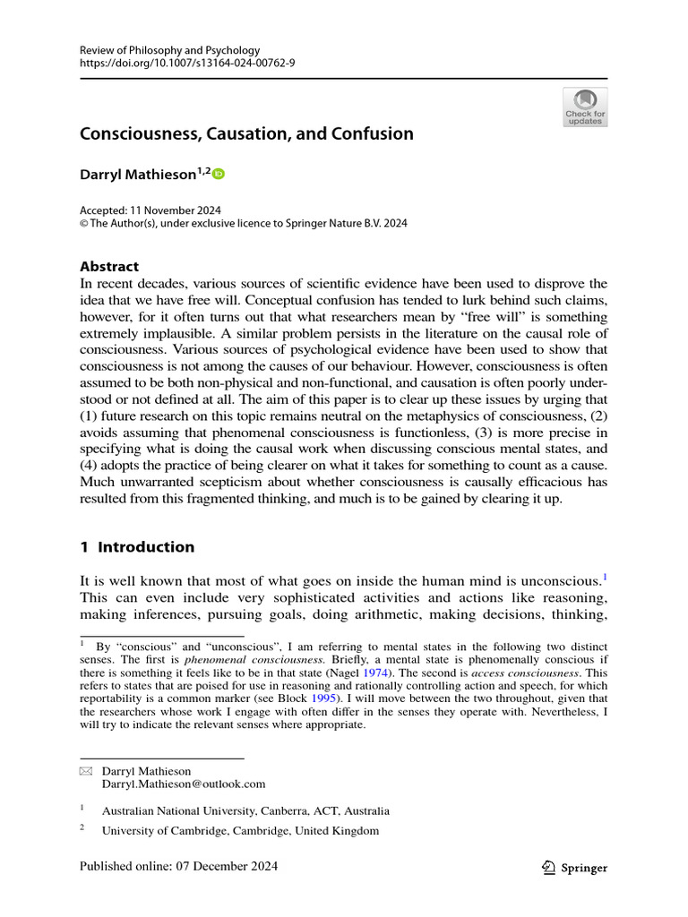 Consciousness, Causation, and Confusion: Darryl Mathieson | PDF ...