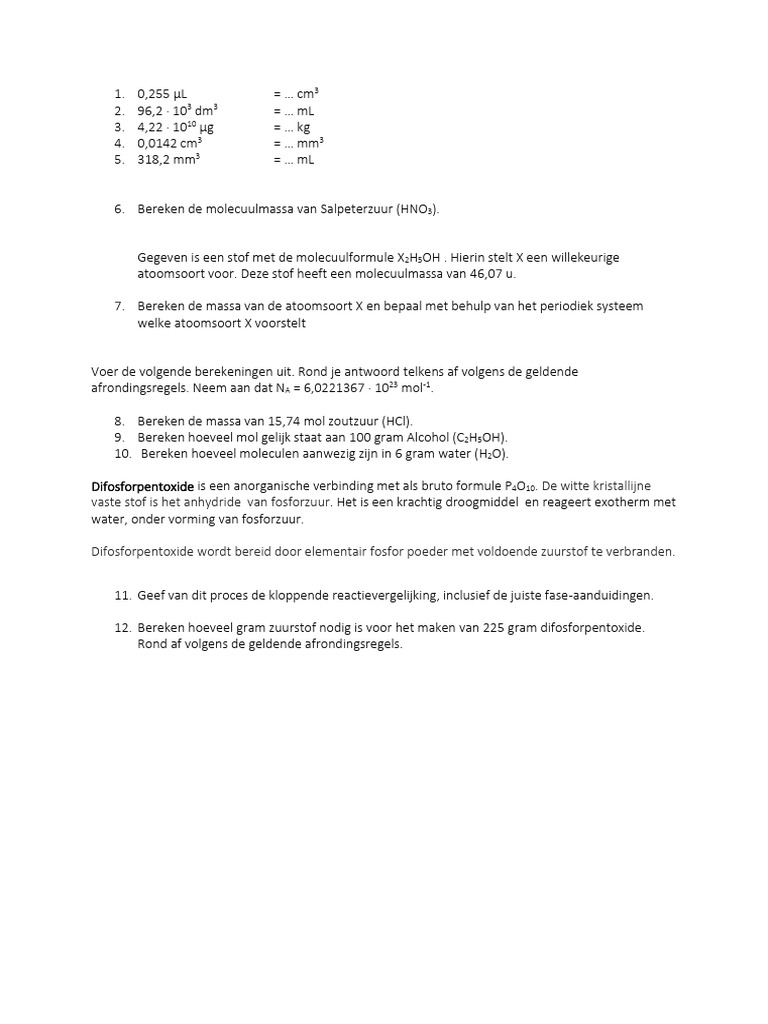 Oefentoets Chemisch Rekenen | PDF