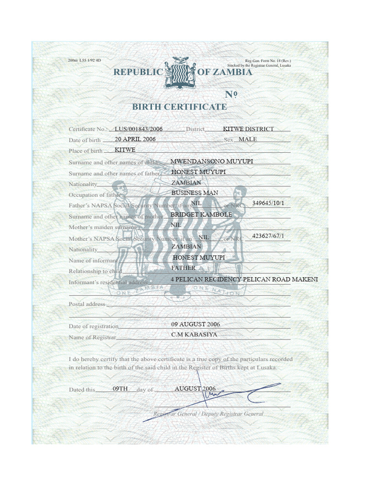 BIRTH CERTIFICATE CHILD Bridget Kambole | PDF