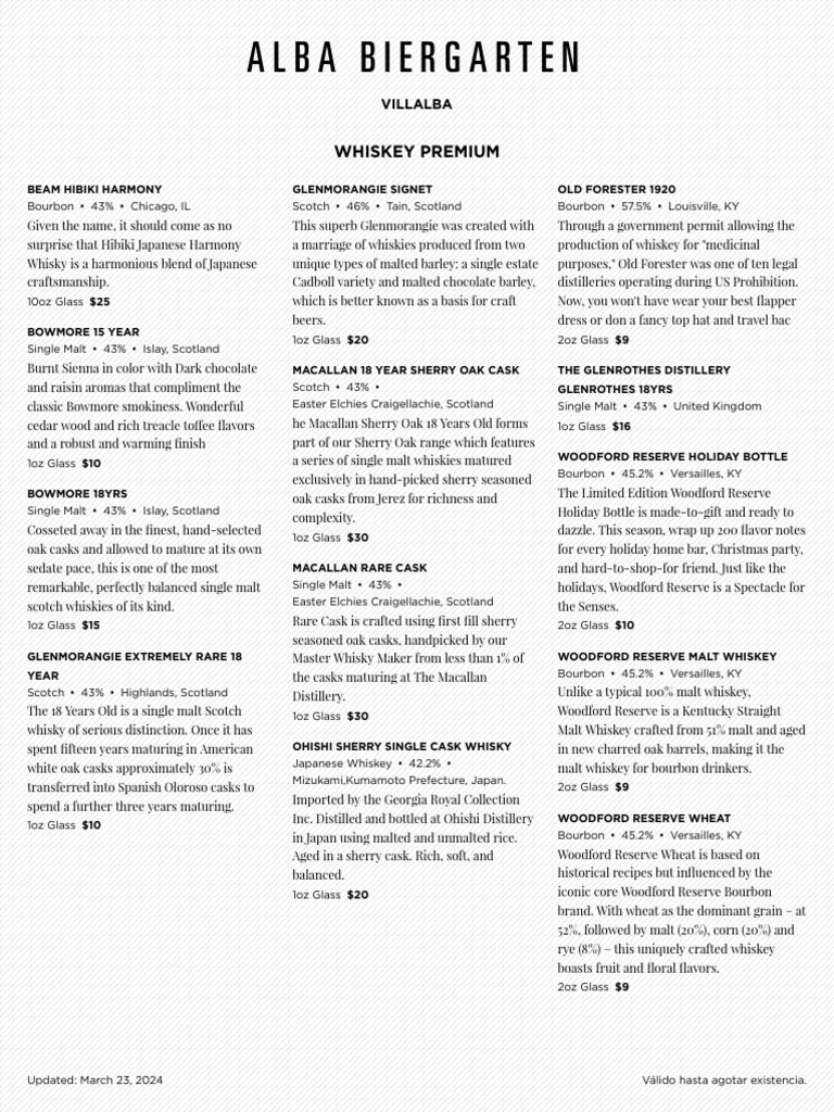 Premium Whiskey Selection Menu | PDF | Whisky | Scotch Whisky