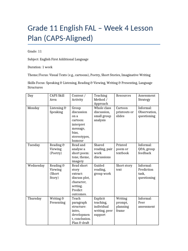 Grade_11_English_FAL_Week_4_Lesson_Plan | PDF | Cognition | Linguistics