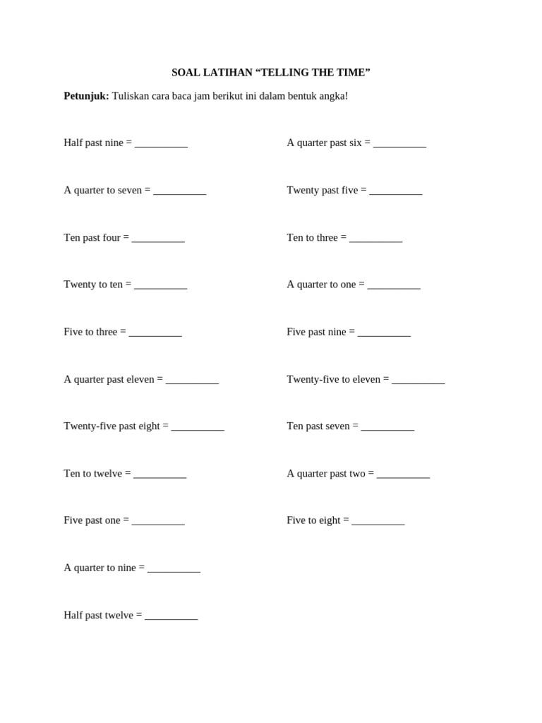 Soal Latihan Telling The Time | PDF