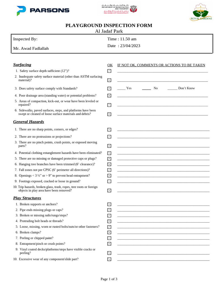 Weekly Playground Inspection 23-28 April - 2023 | PDF