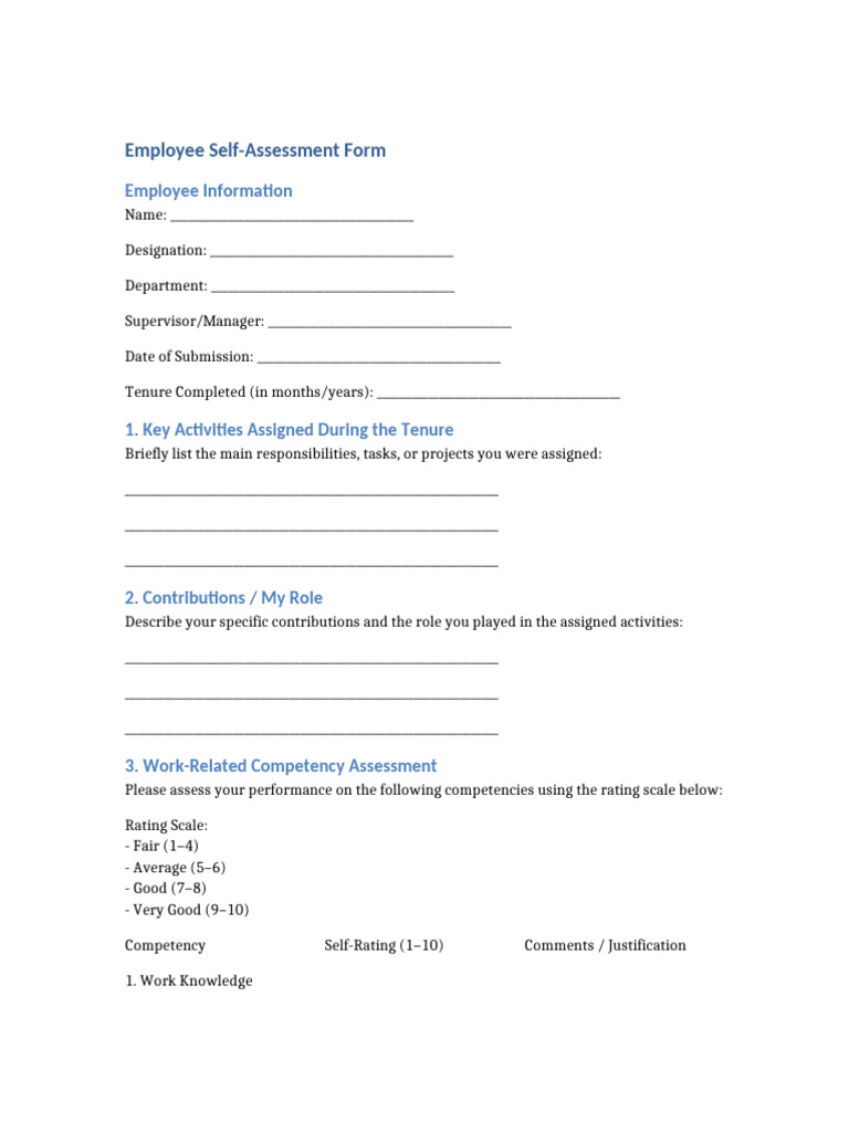 Employee Self Assessment Form | PDF | Cognition | Business