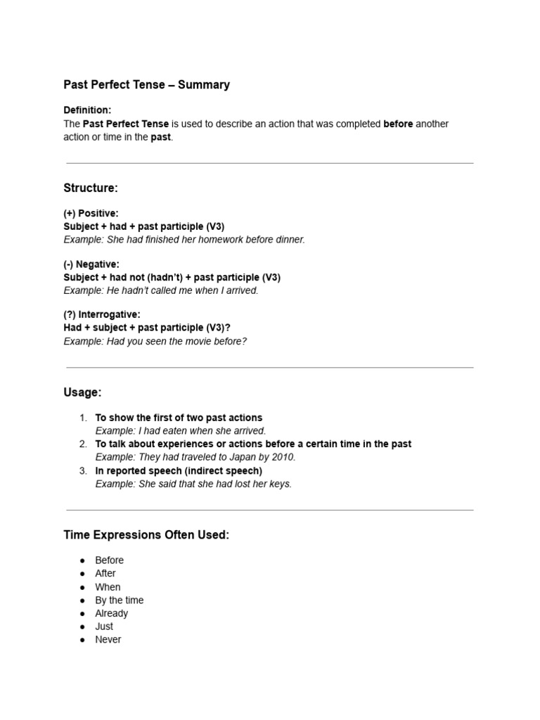 Past Perfect Tense Explained | PDF