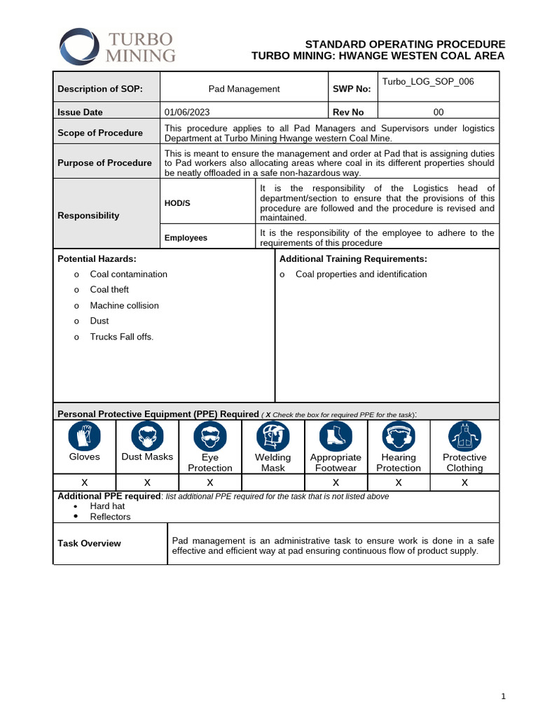 Turbo_LOG_SOP_006_Pad Management | PDF | Personal Protective Equipment ...