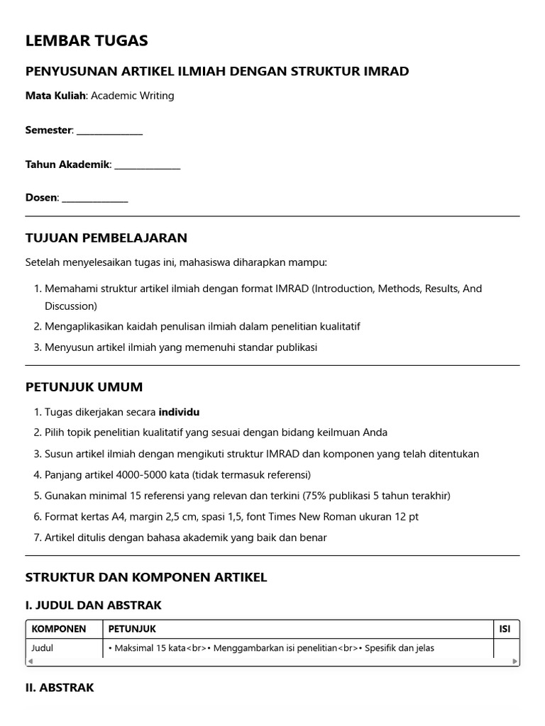 Lembar Tugas Penyusunan Artikel Ilmiah Dengan Struktur IMRAD | PDF
