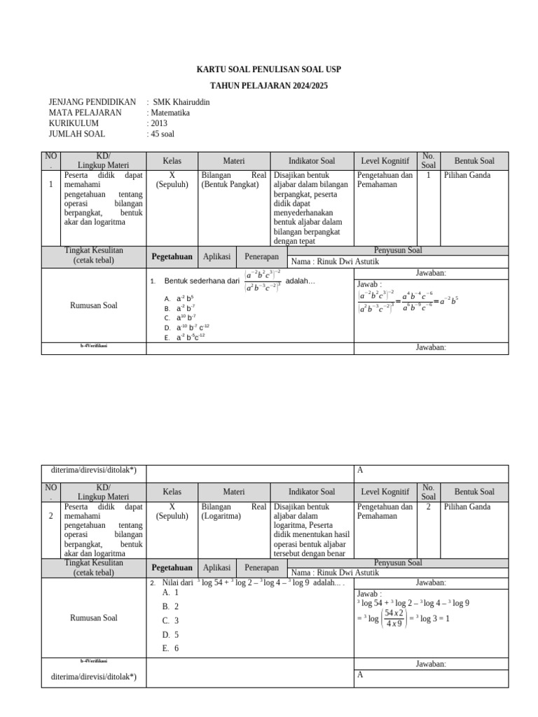Kartu soal USP Matematika SMK Khairuddin edit | PDF