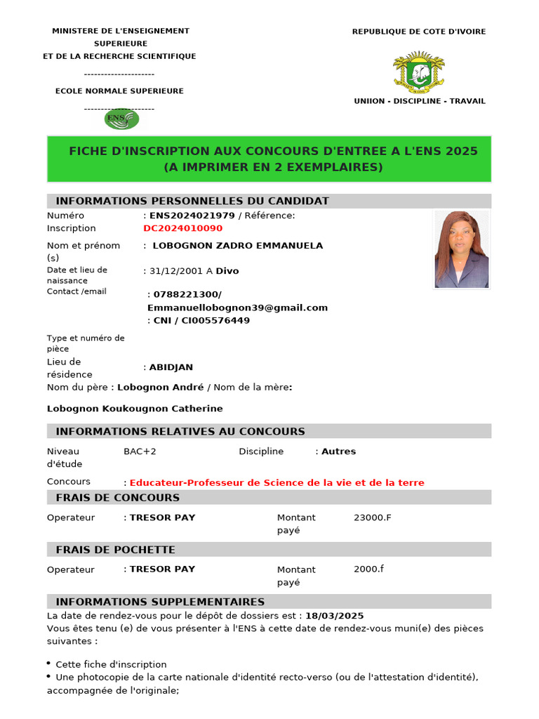 fiche d'inscription ens 2025 | PDF