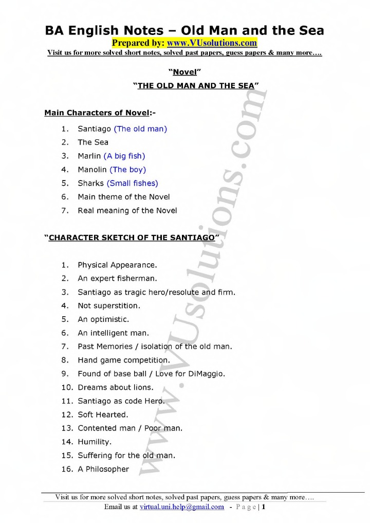 Old Man and The Sea BA English Notes Vusolutions | PDF | Foreign ...