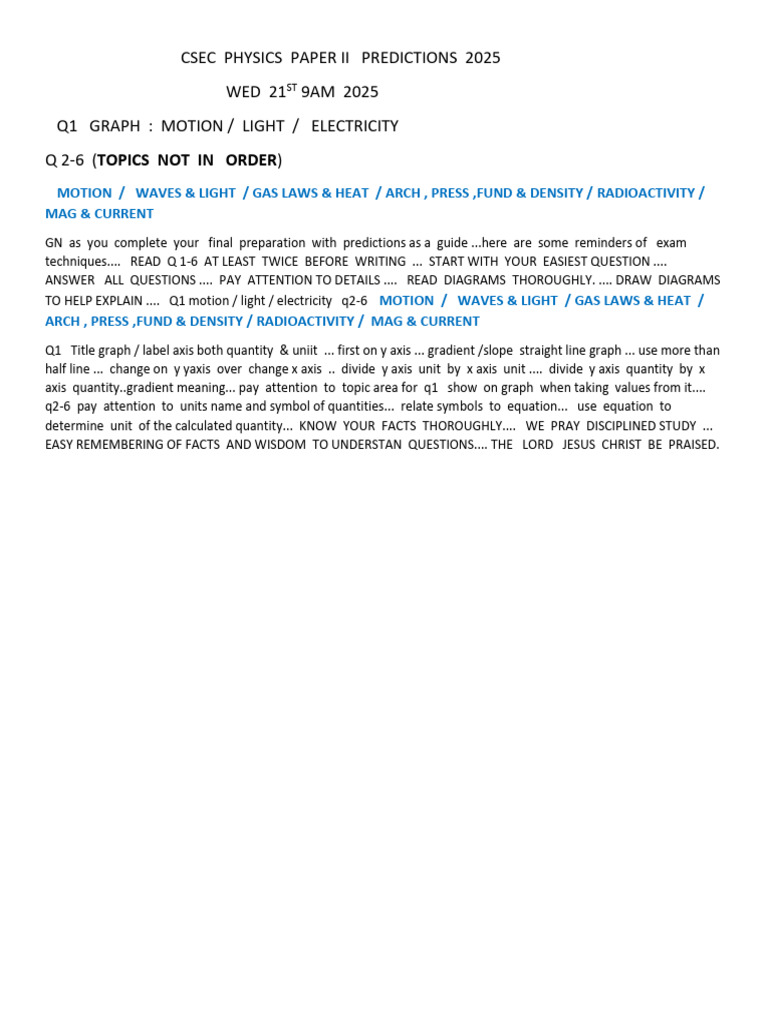 CSEC Physics Paper 2 Predictions 2025 | PDF