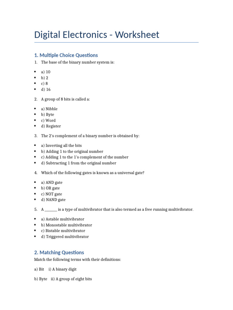 Digital Electronics Worksheet | PDF