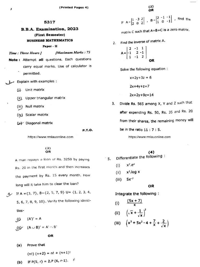 Bba 1 Sem Business Mathematics 5317 2023 | PDF