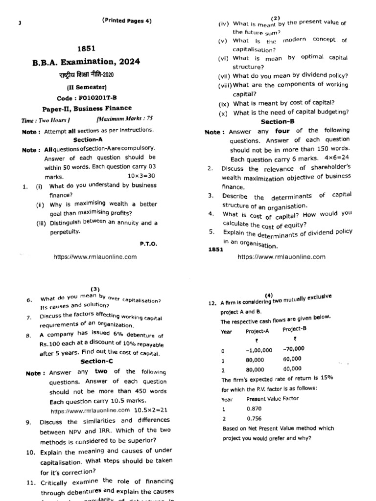 Bba 2 Sem Business Finance 1851 2024 | PDF