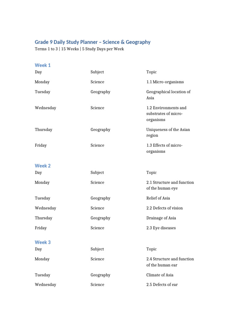 Grade 9 Daily Study Planner Sample | PDF