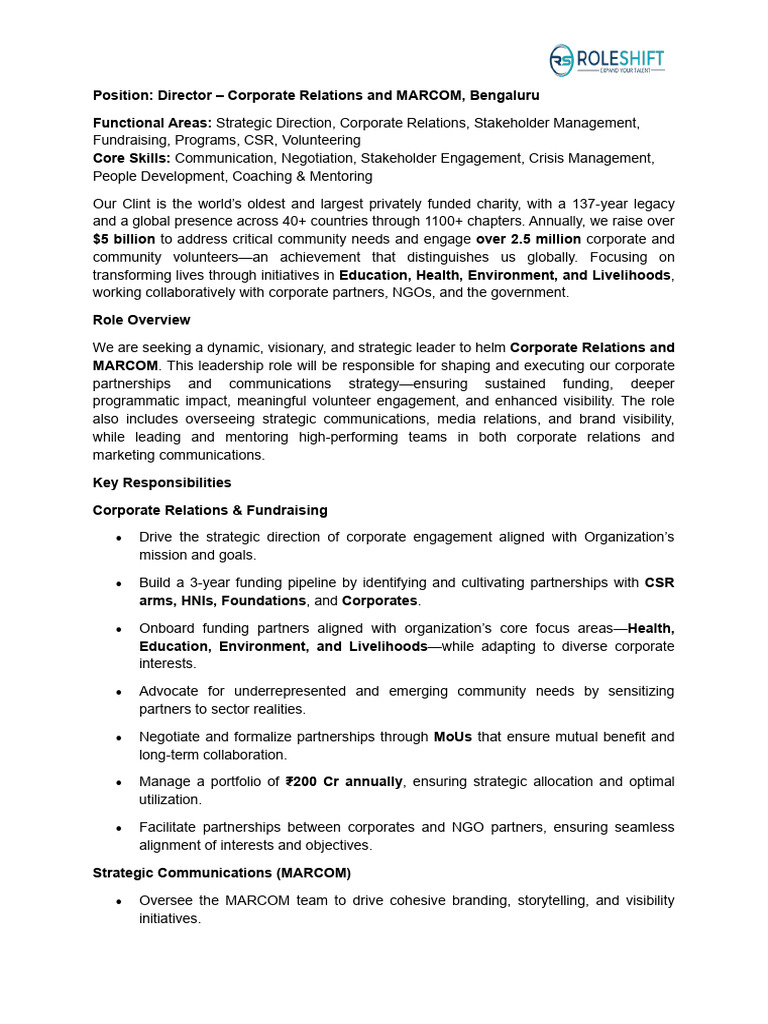 JD_Director_Corporate Relations and MARCOM | PDF | Corporate Social Responsibility | Leadership