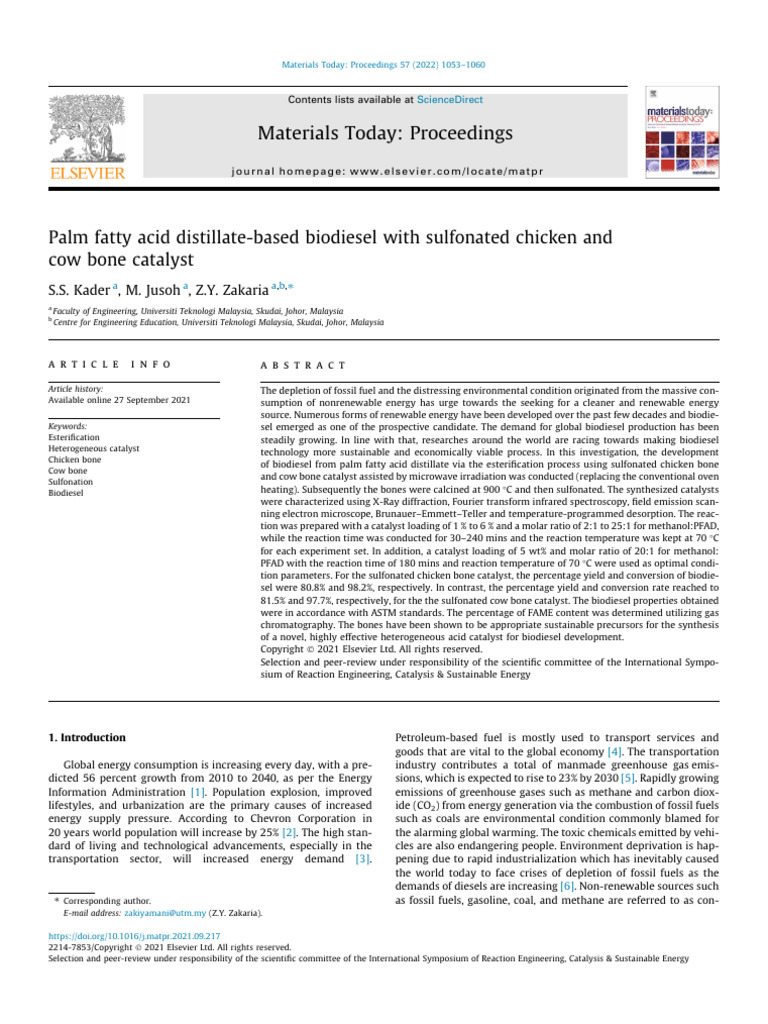 Palm Fatty Acid Distillate-Based Biodiesel With Sulfonated Chicken and ...
