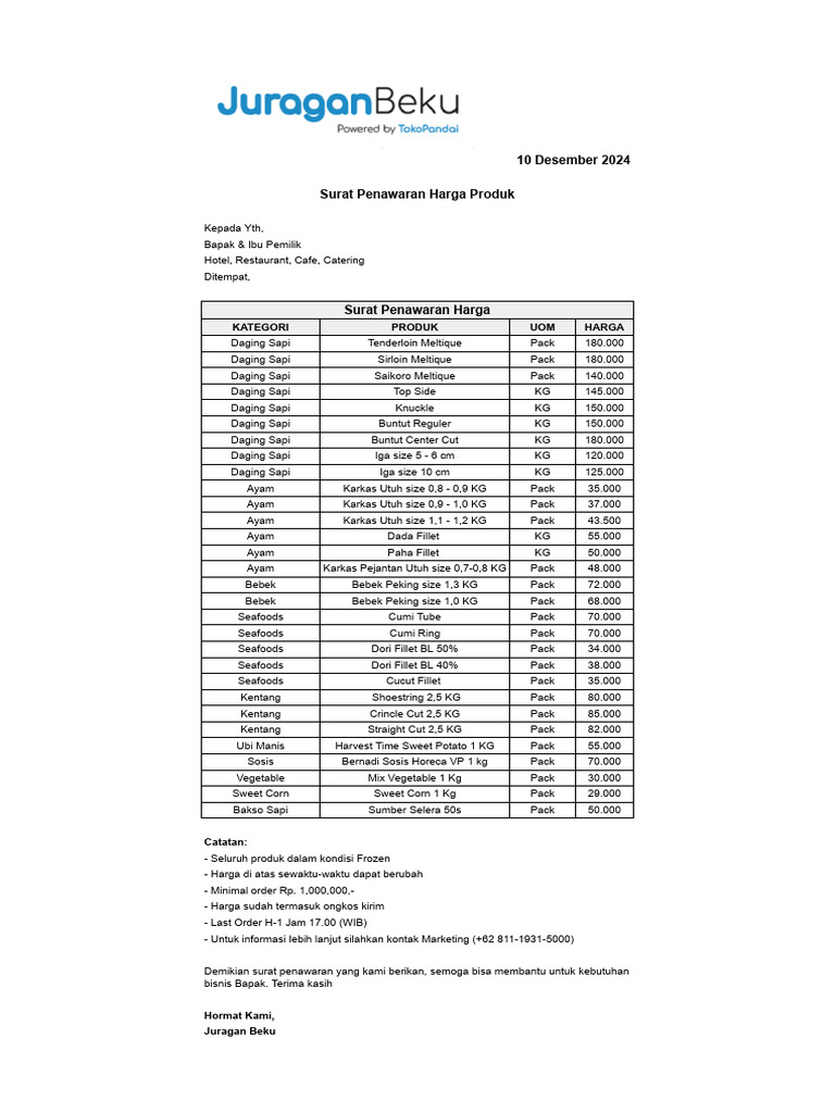 Surat Penawaran Harga Juragan Beku - Des24 | PDF