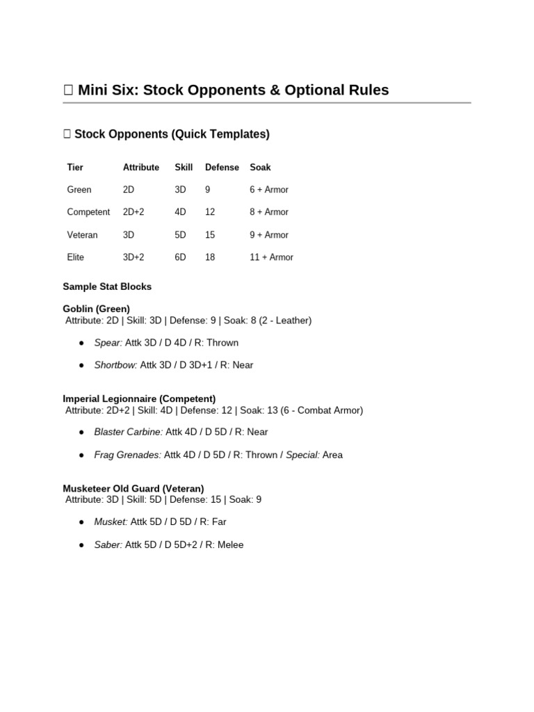 Mini Six RPG: Opponents & Rules | PDF