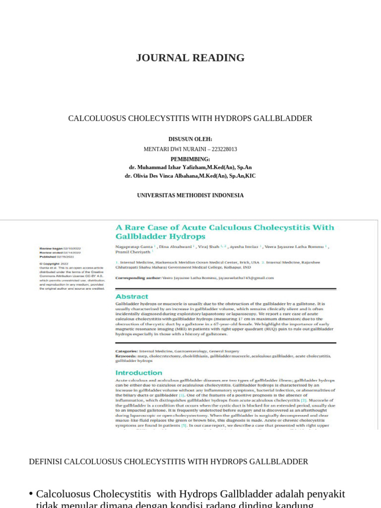 Journal Reading Calcoluosus Cholecystitis With Hydrops Gallbladder | PDF