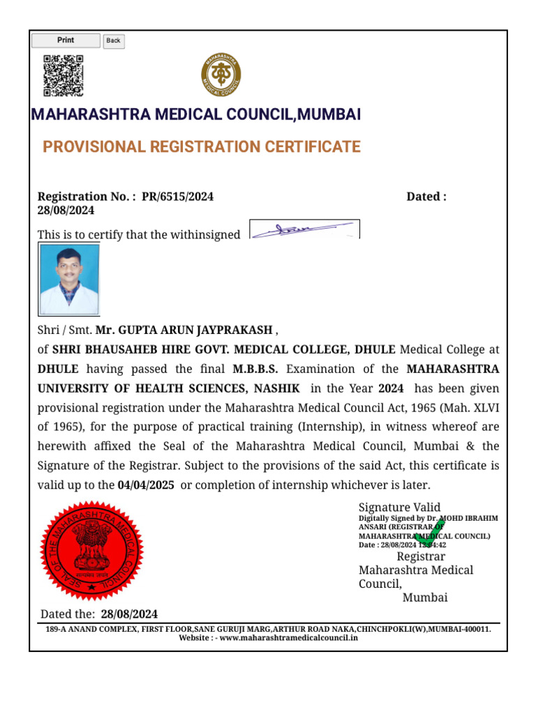 Maharashtra Provisional Registration Certificate | PDF