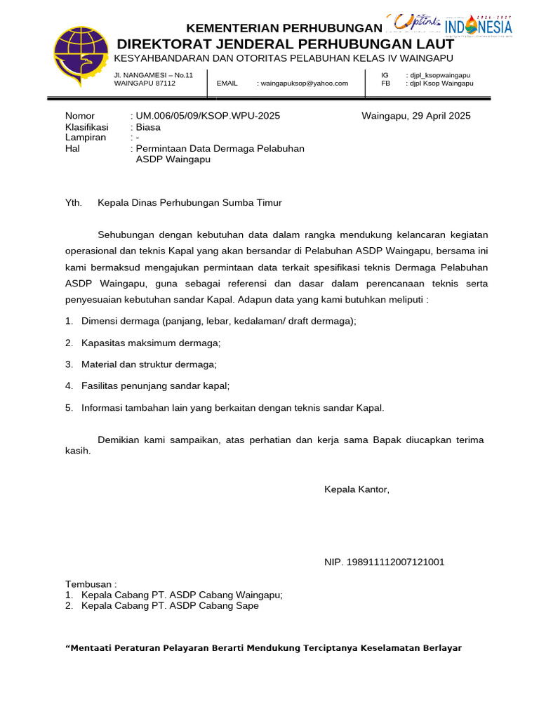 Draft Surat Permintaan Data Dermaga Pelabuhan ASDP | PDF