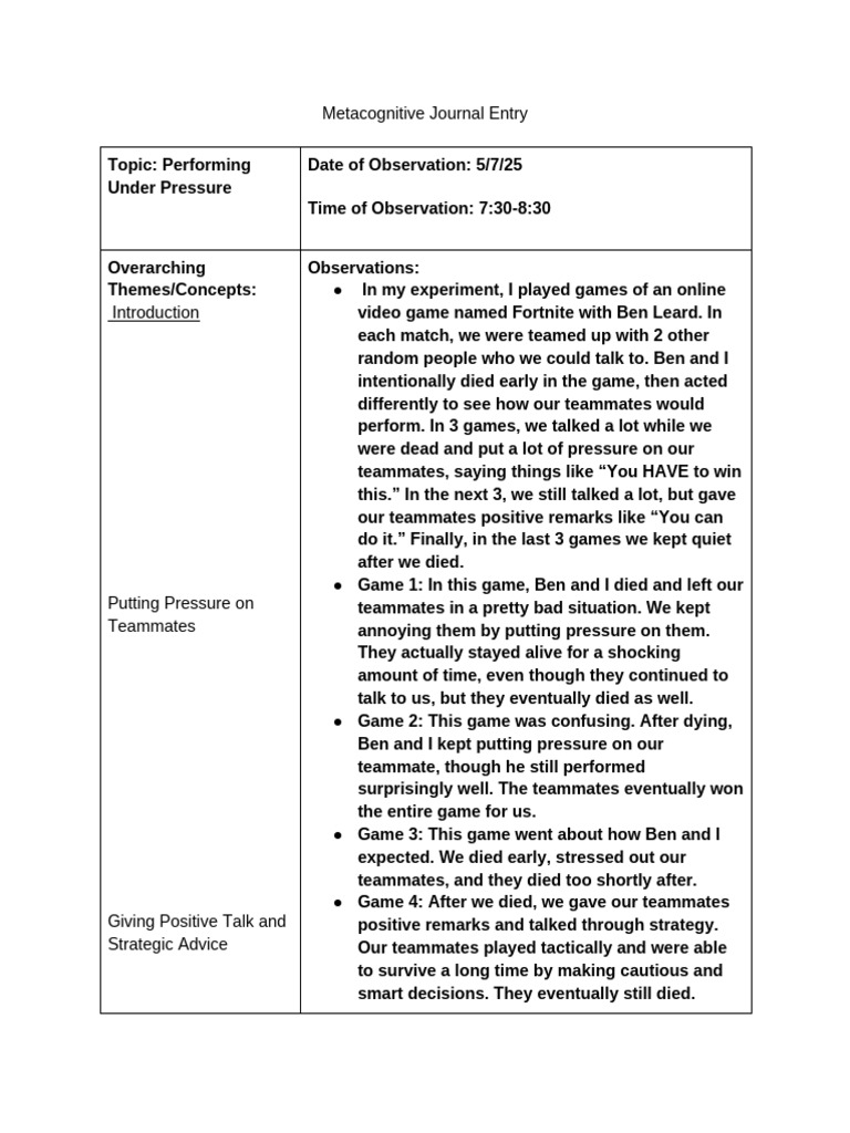 Metacognitive Journal Entry | PDF