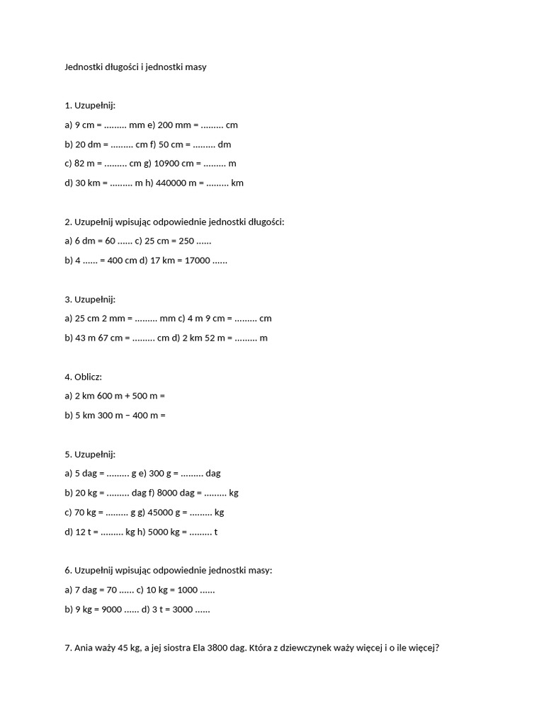 Jednostki Miary I Masy Klasa 4 | PDF