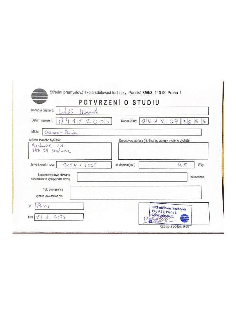 Potvrzení o Studiu 2025 | PDF