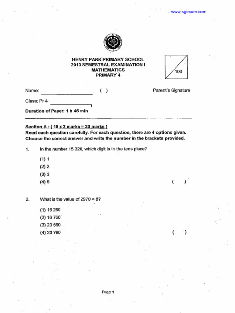 2013-P4-Maths-SA1-Henry Park | PDF
