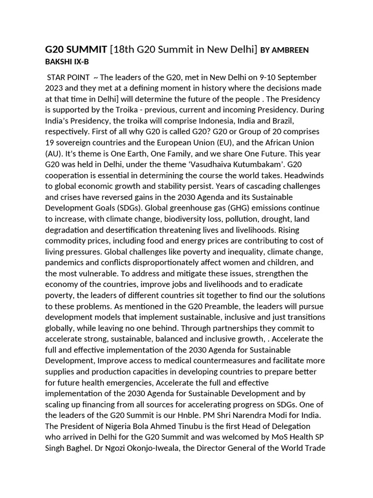 G20 SUMMIT Research Work by Ambreen BAKSHI IX-B | PDF | Sustainability ...