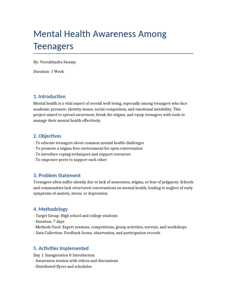 Teen Mental Health Awareness Project | PDF | Mental Health | Adolescence