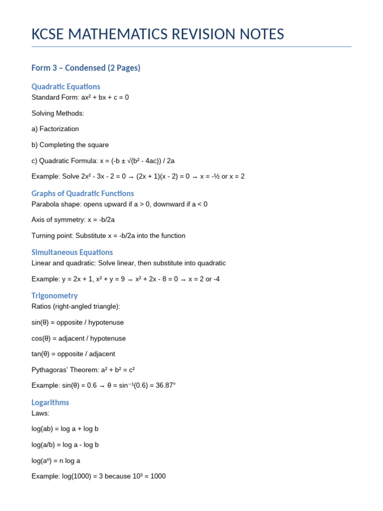 Form3 Math Revision Notes | PDF