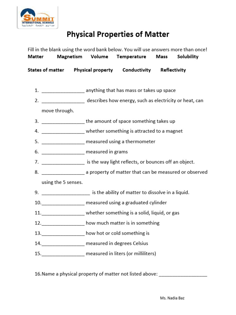 Physical Properties of Matter Worksheet-1 | PDF
