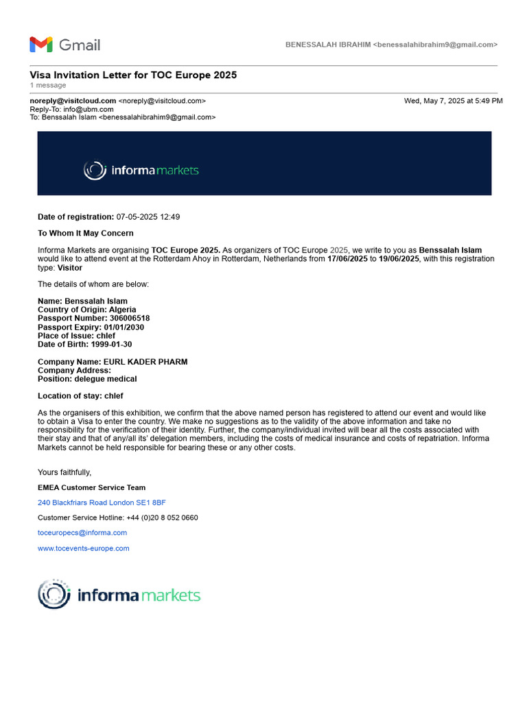 Gmail - Visa Invitation Letter for TOC Europe 2025 | PDF