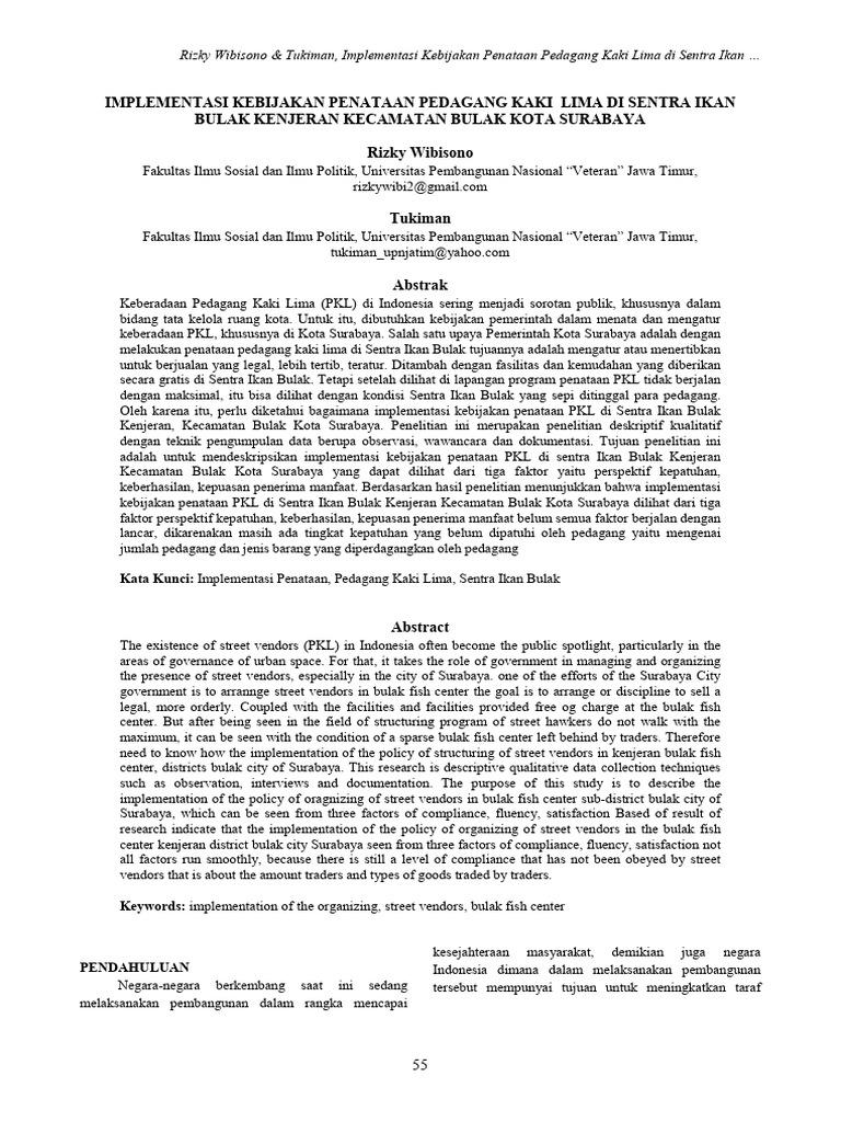 Implementasi Kebijakan Penataan Pedagang Kaki Lima Di Sentra Ikan Bulak Kenjeran Kecamatan Bulak ...