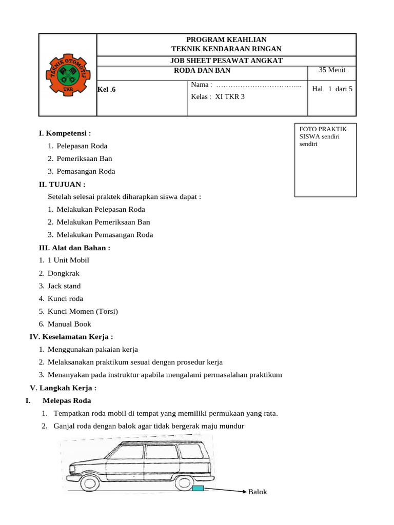 jobsheet-melepas-roda-dan-pemeriksaan-ban x tkr 3 | PDF